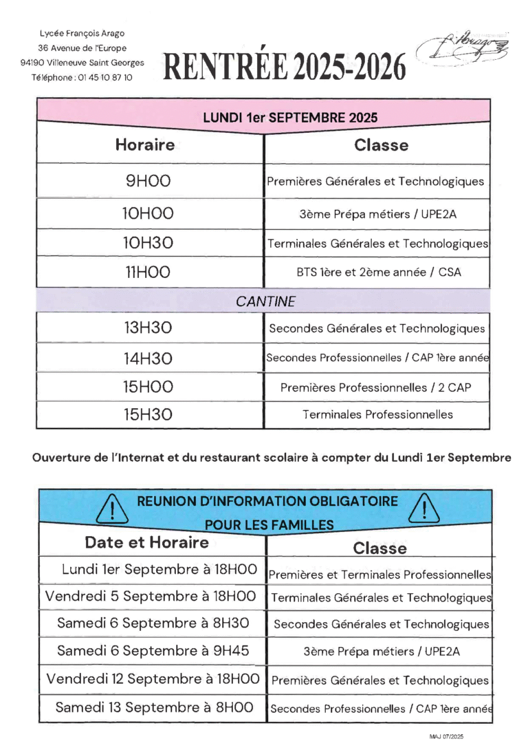 RENTRÉE 2025-2026 - Lycée Polyvalent François Arago à Villeneuve-Saint ...